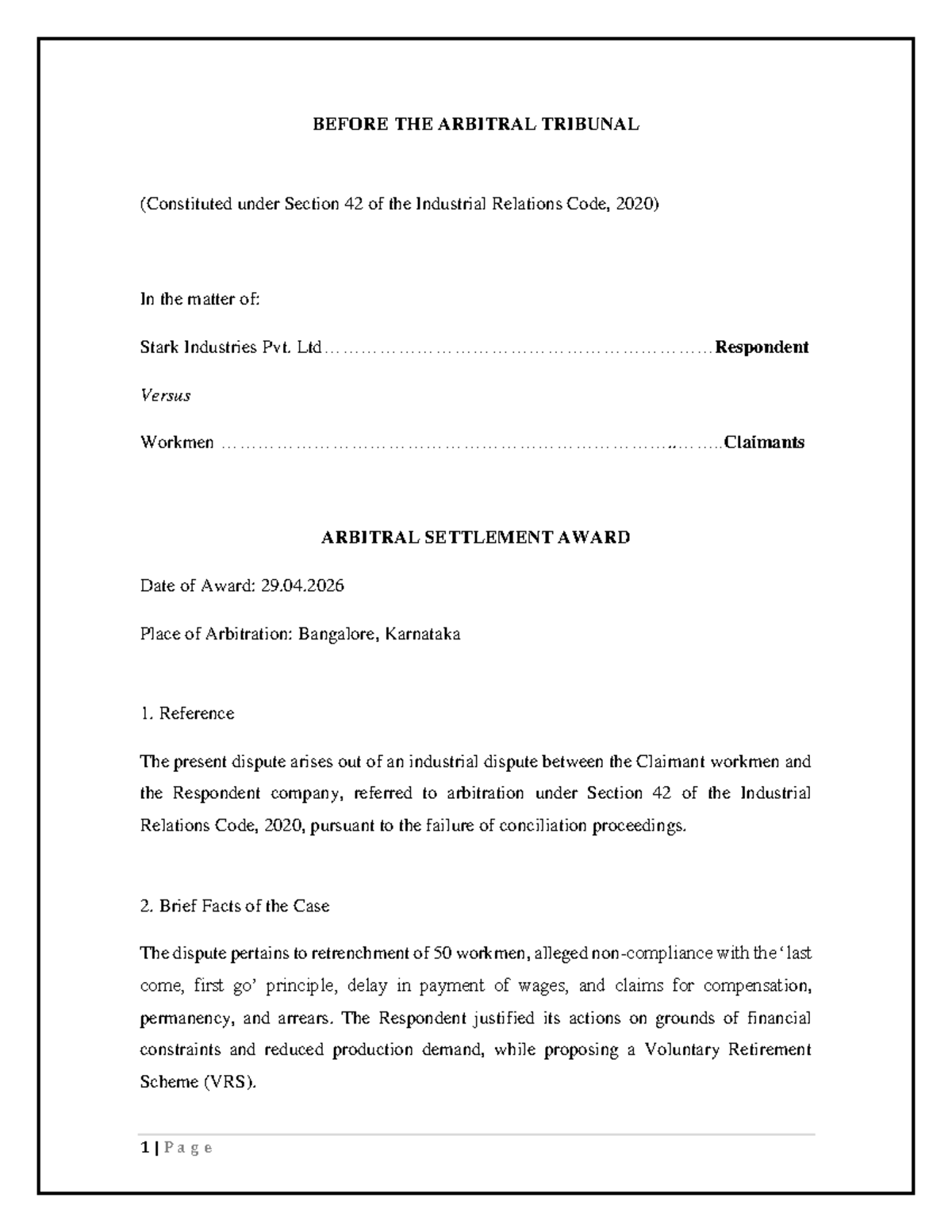 Arbitral Settlement Award: Stark Industries Pvt. vs. Workmen - Studocu