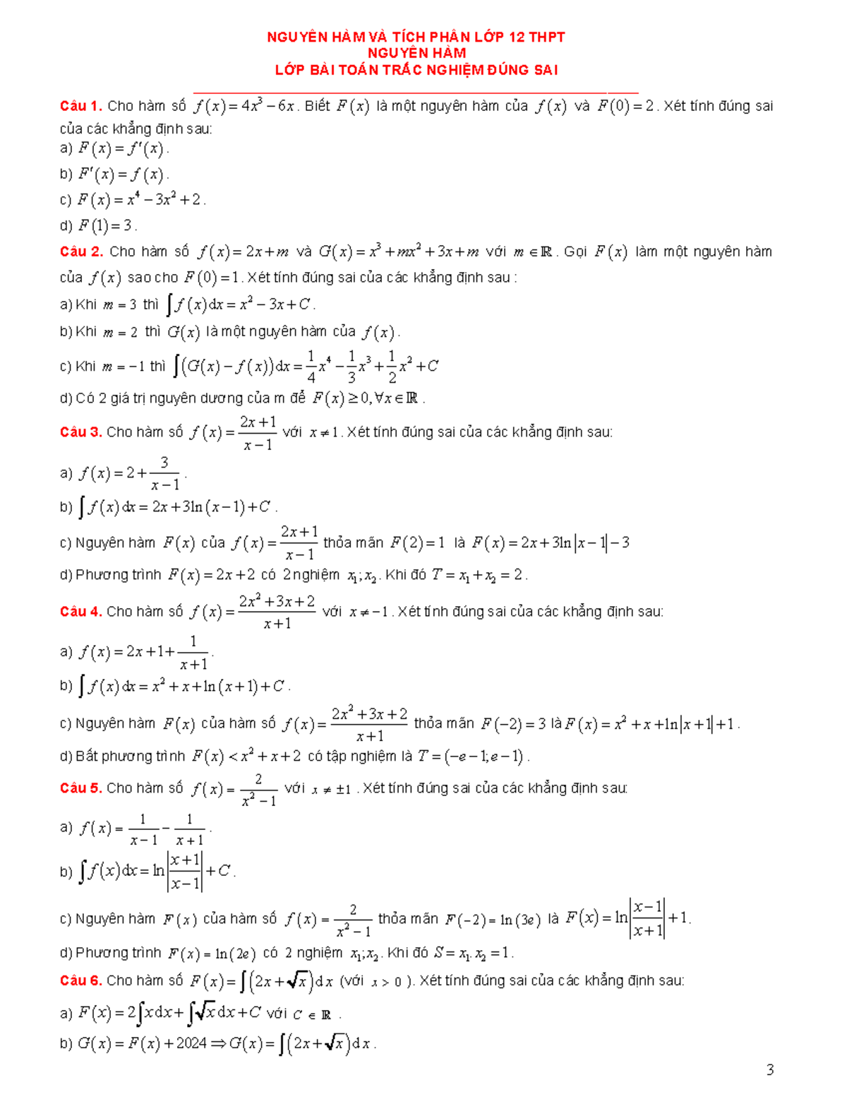 NGUYÊN HÀM VÀ TÍCH PHÂN LỚP 12 THPT - BÀI TẬP TRẮC NGHIỆM ĐÚNG SAI ...