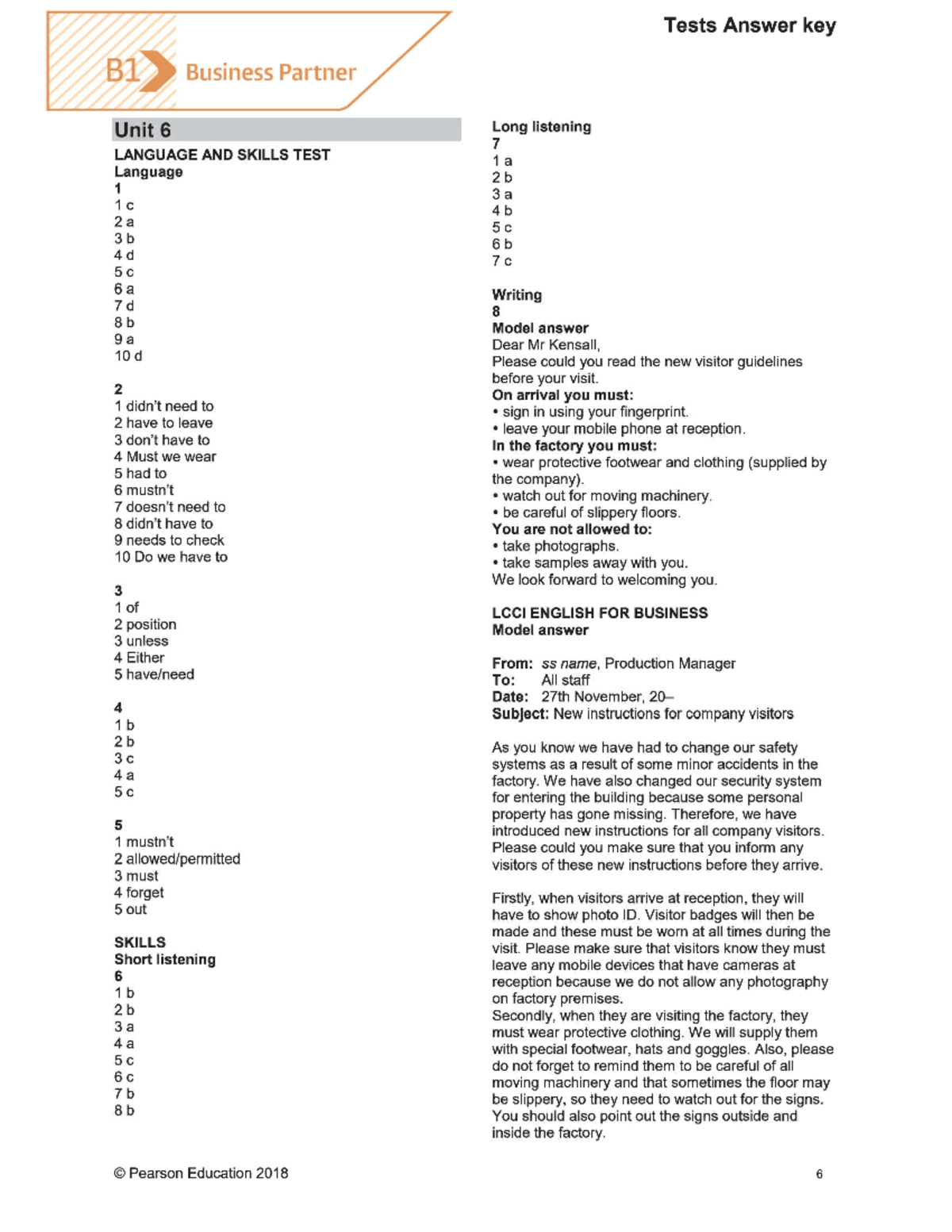 B1 Business Partner Unit 6 & 7 Tests Answer Key and Model Answers - Studocu
