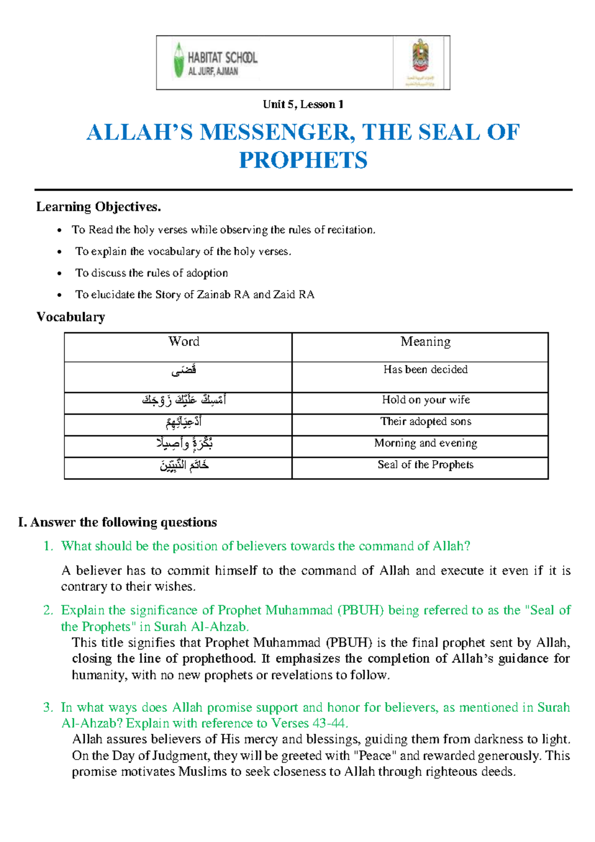 Unit 5, Lesson 1: Allah's Messenger - The Seal of Prophets Notes - Studocu