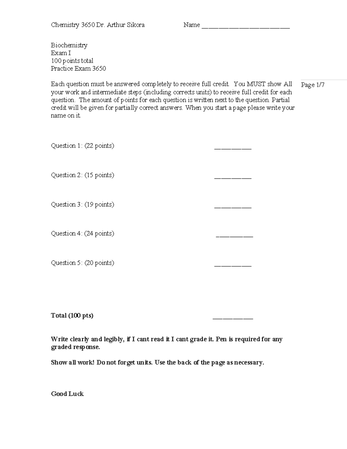 Practice Exam I for CHEM 3650: Biochemistry with Dr. Sikora - Studocu