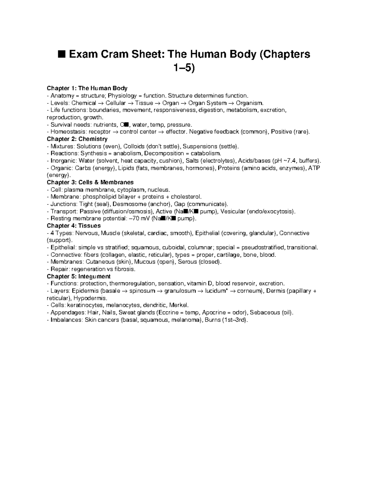 Exam Cram Sheet: Human Body Anatomy & Physiology (Ch 1-5) - Studocu
