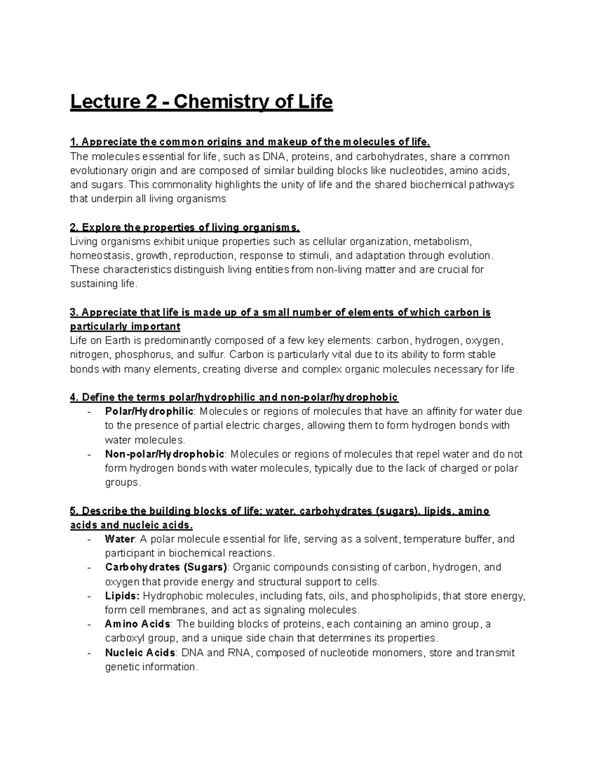 Biol1007 Learning Outcomes - Lecture 2 - Chemistry of Life Appreciate ...