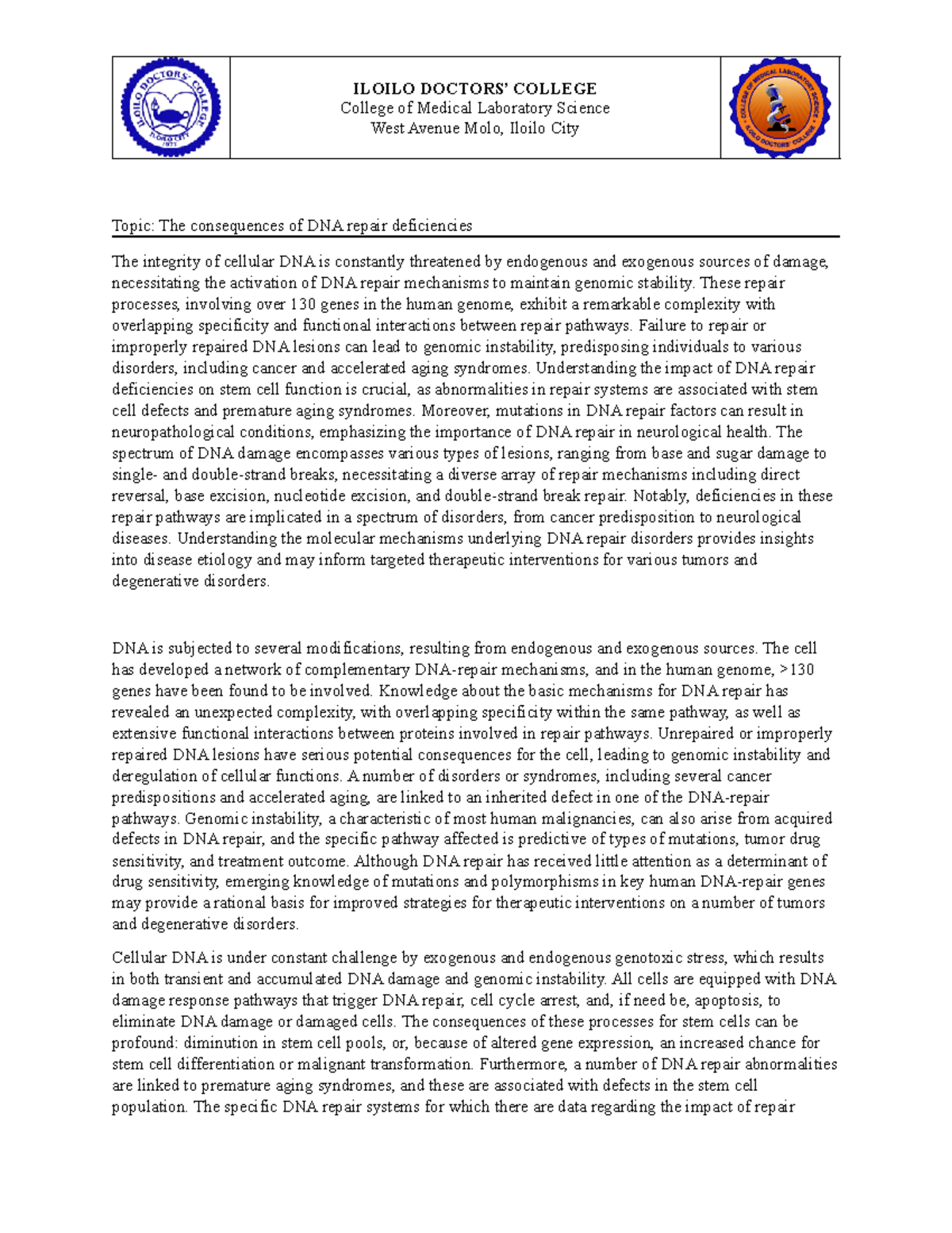 Case study 2 - College of Medical Laboratory Science West Avenue Molo ...