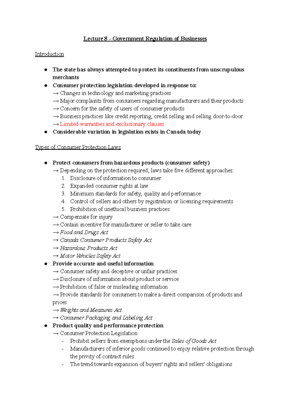 ADMS 2610 Lecture 8 - Overview of Government Business Regulations - Studocu