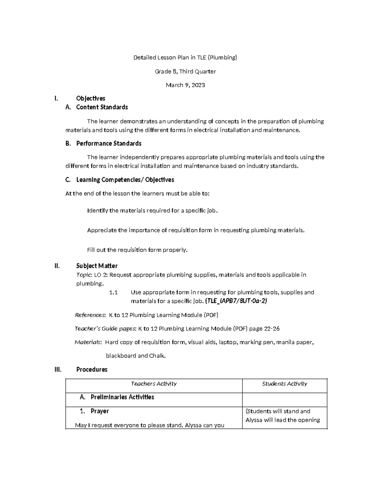 Detailed Lesson Plan in TLE 8: Plumbing Tools & Materials - Studocu