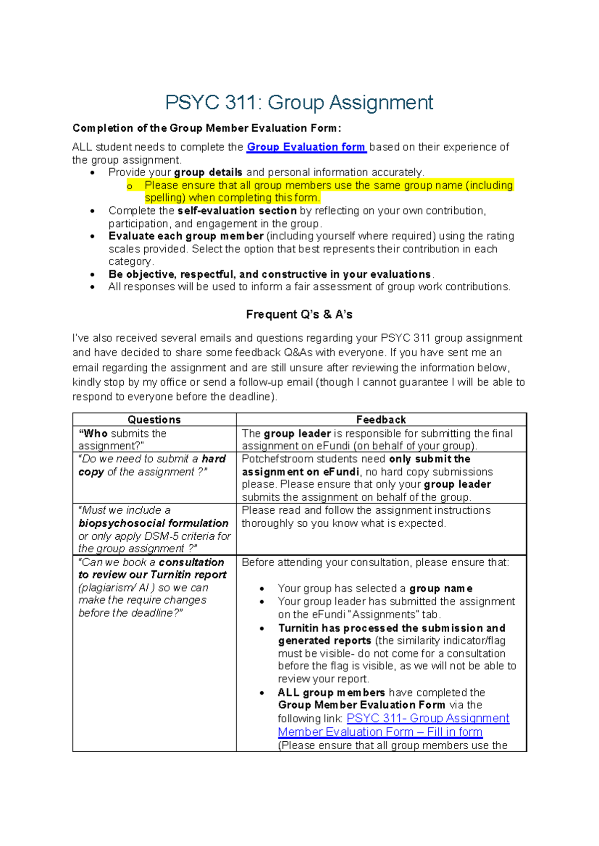 PSYC 311: Group Assignment Evaluation Form Instructions 2026 - Studocu