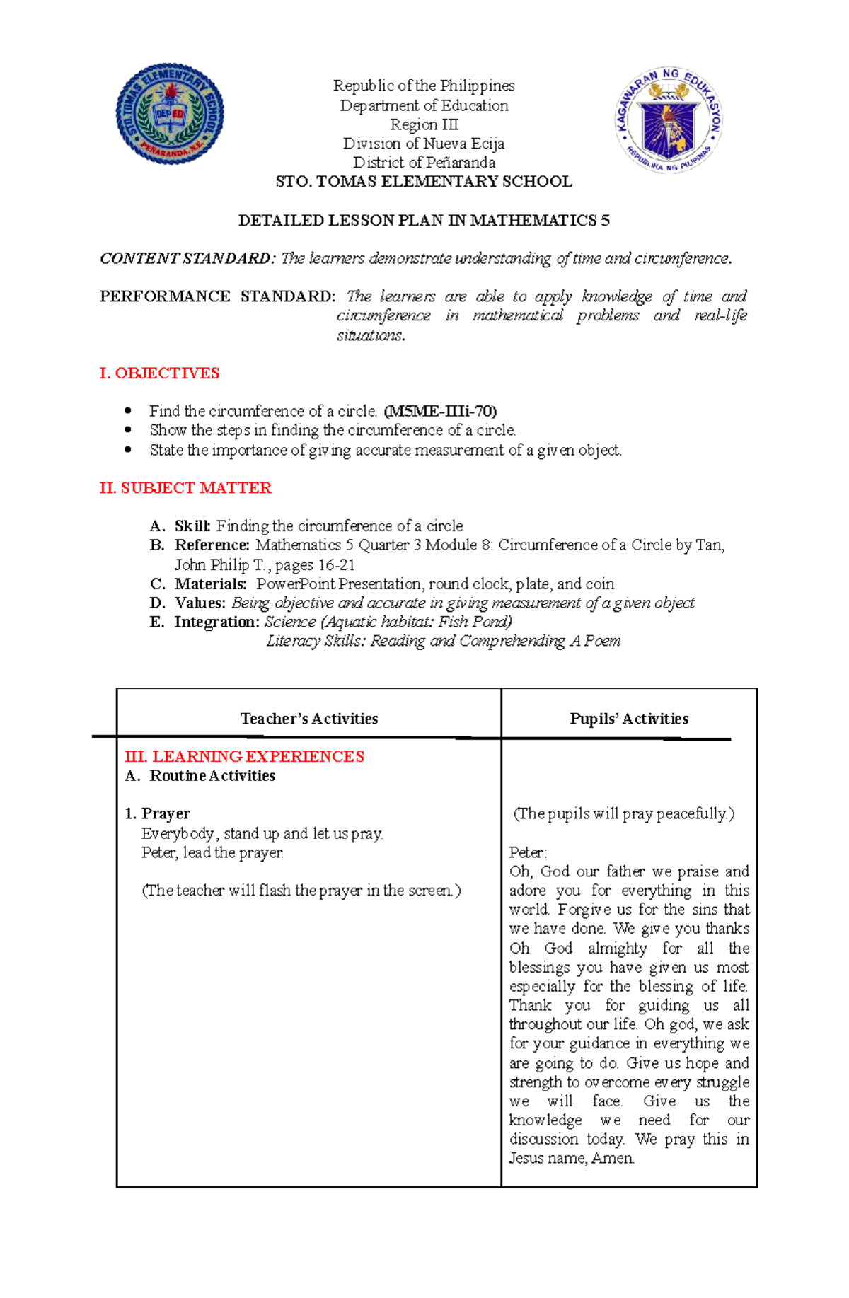 Detailed Lesson Plan: Finding Circumference - Math 5 (M5ME-IIIi-70 ...