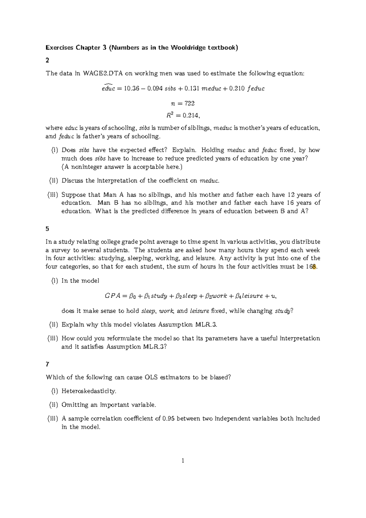 Problem Set Chapter 3 - Wooldridge Text Exercises - Studocu