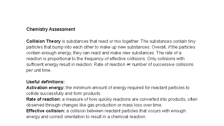 CHEM 101: Collision Theory and Reaction Rates Assessment - Studocu