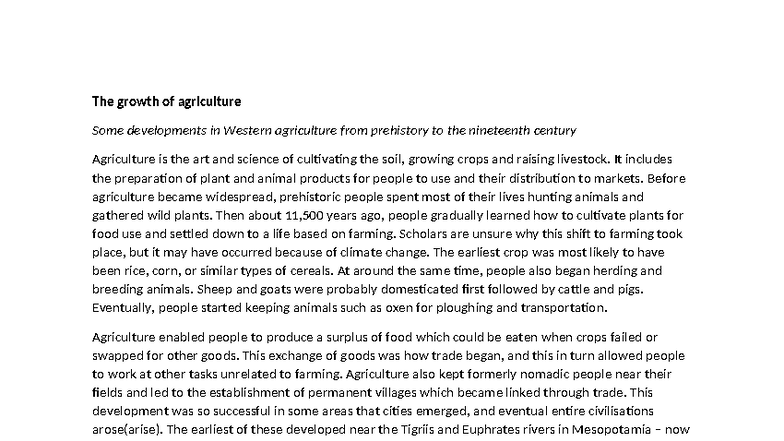 Agriculture Development: From Prehistory to the 19th Century - Studocu