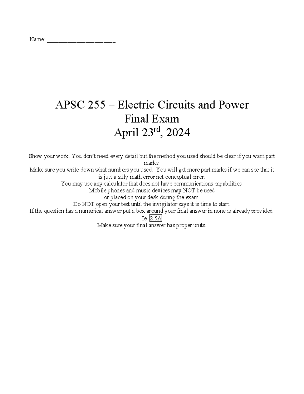 APSC 255 Electric Circuits and Power Final Exam Guide 2024 - Studocu