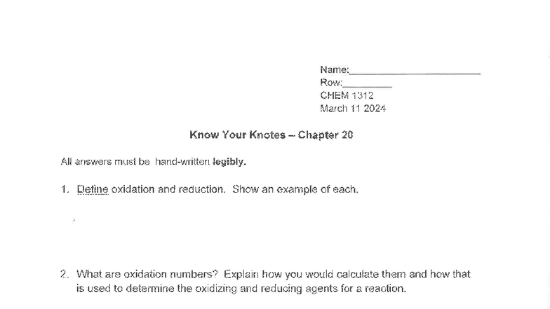 CHEM 1312 Chapter 20 Study Guide: Oxidation & Reduction Concepts - Studocu