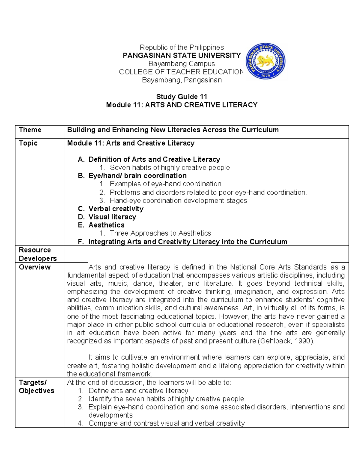 Prof.-Ed.-110-Module-11-Study-Guide-Arts-and-Creative-Literacy - Studocu
