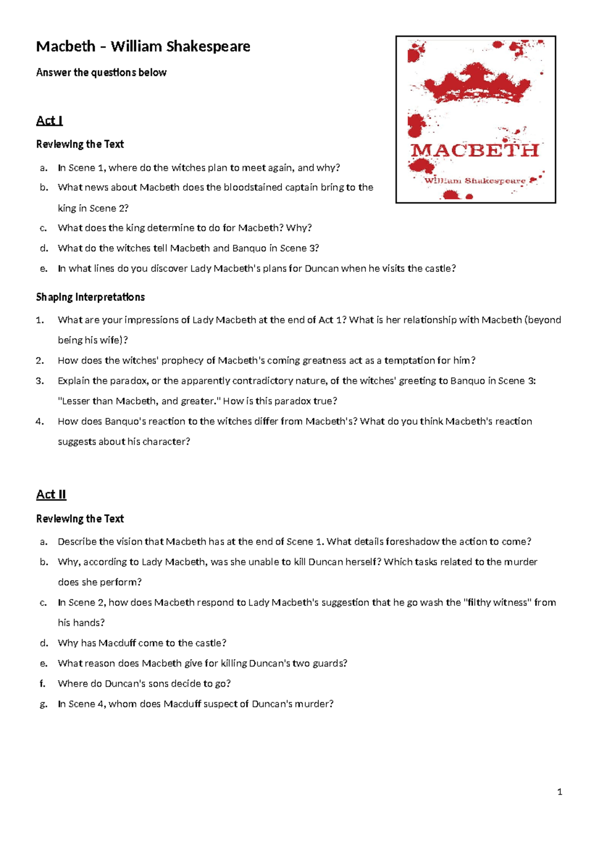 Review and Interpretation Questions - Macbeth - Macbeth – William ...