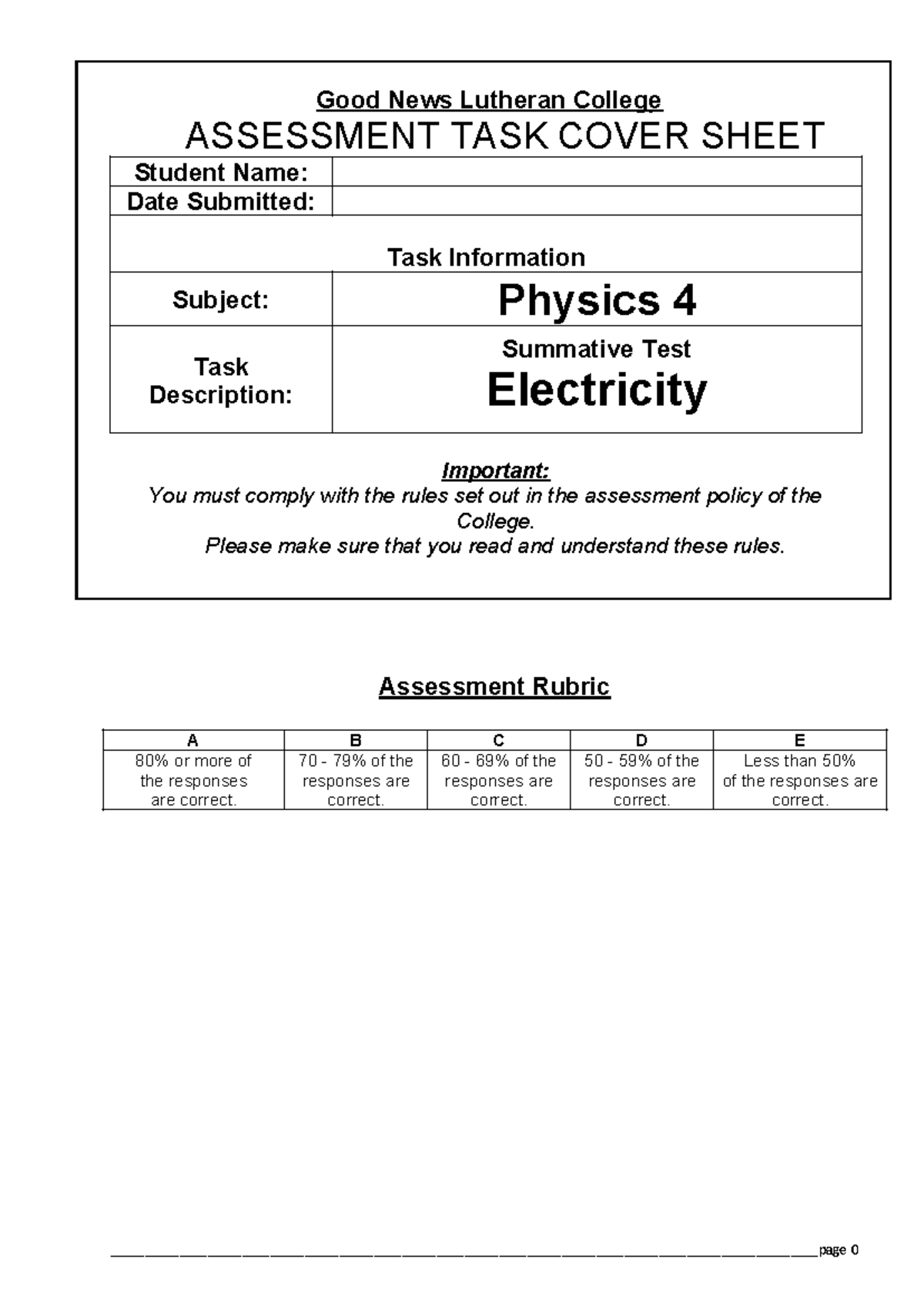 Physics 4 - Summative Test on Electricity Concepts - Studocu
