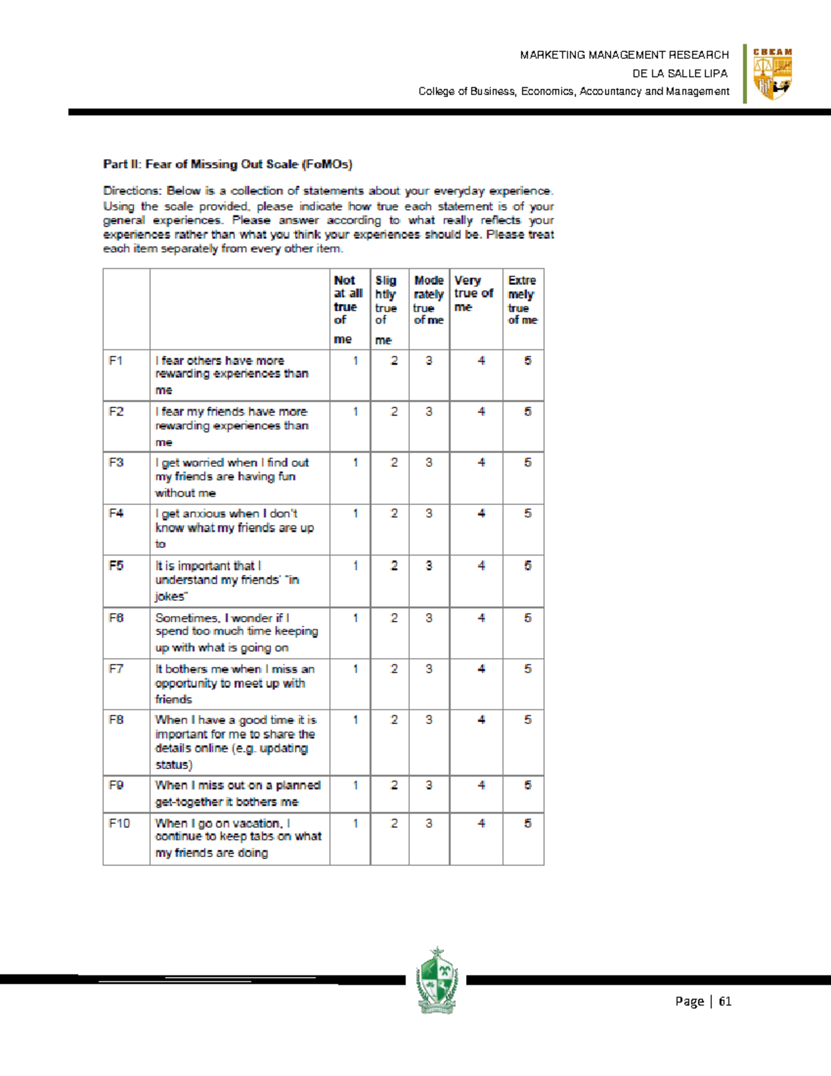 Marketing Management Research Questionnaire - DLSL - Studocu