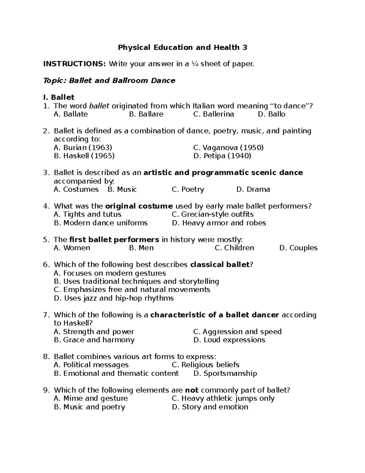 Long Quiz on Ballet and Ballroom Dance PEH 3 - Studocu