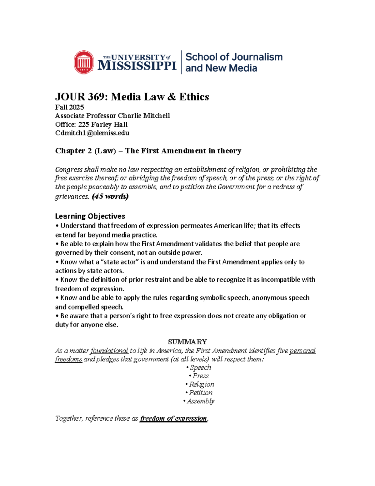 JOUR 369: Media Law & Ethics - Chapter 2: Understanding the First ...