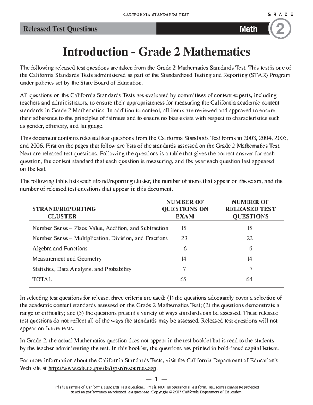 California Standards Test Grade 2: Released Math Questions - Studocu