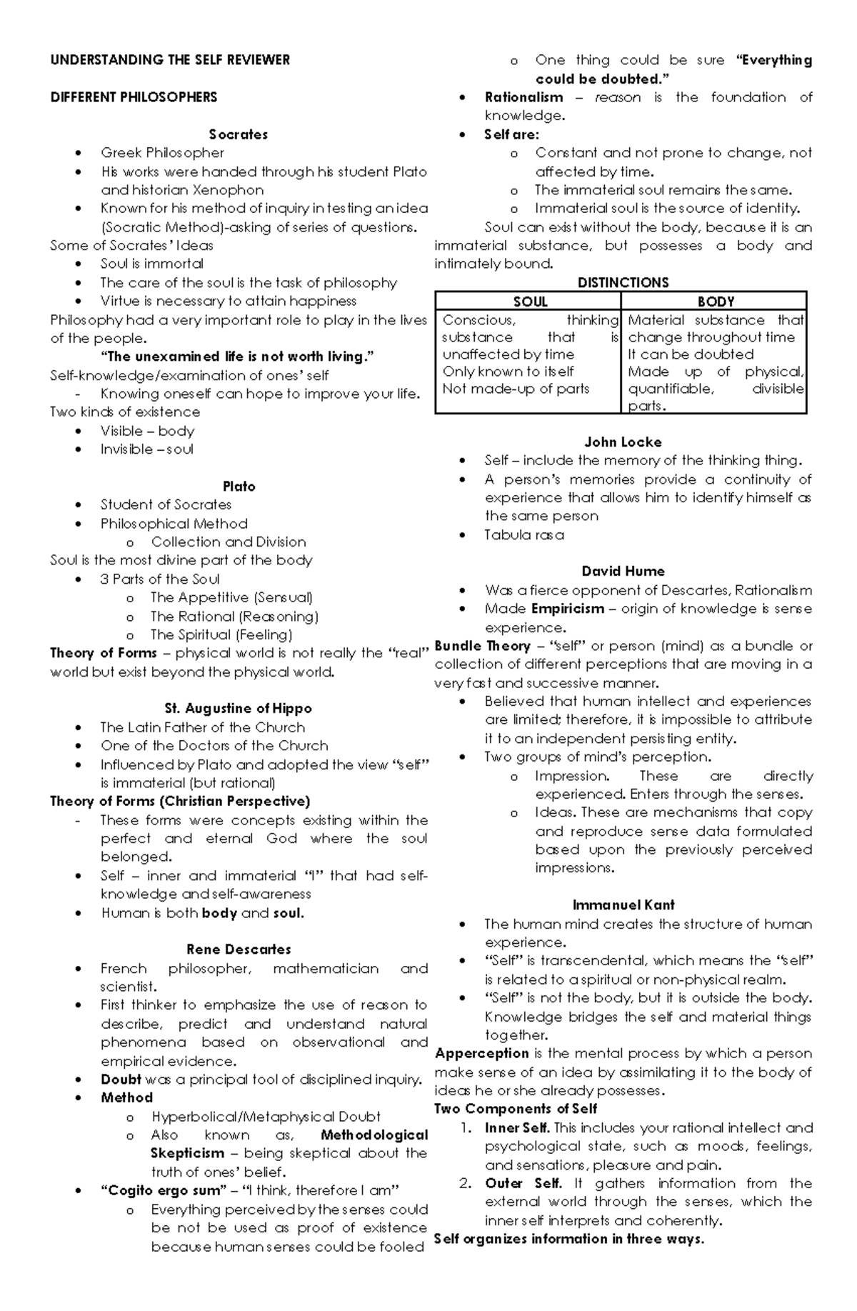 PHIL 101: Understanding the Self - Key Philosophers and Concepts - Studocu