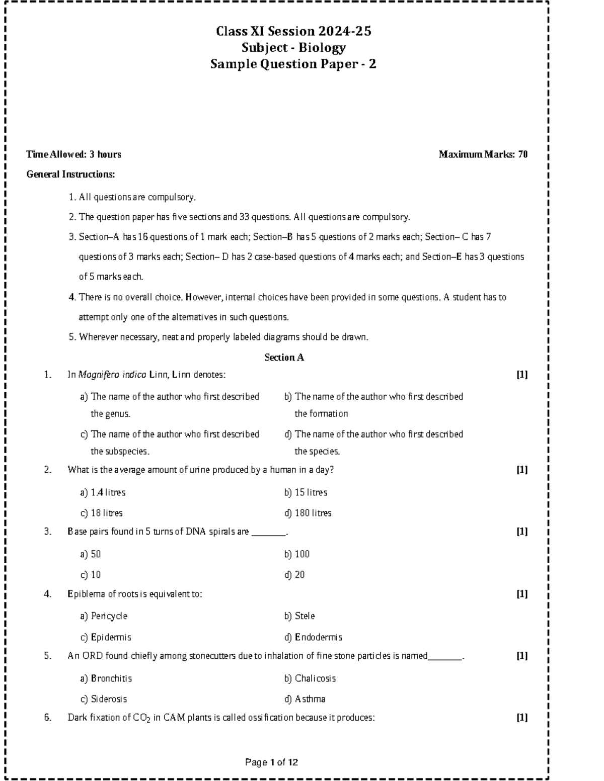 Sample Question Paper 2 for Class XI Biology - Studocu
