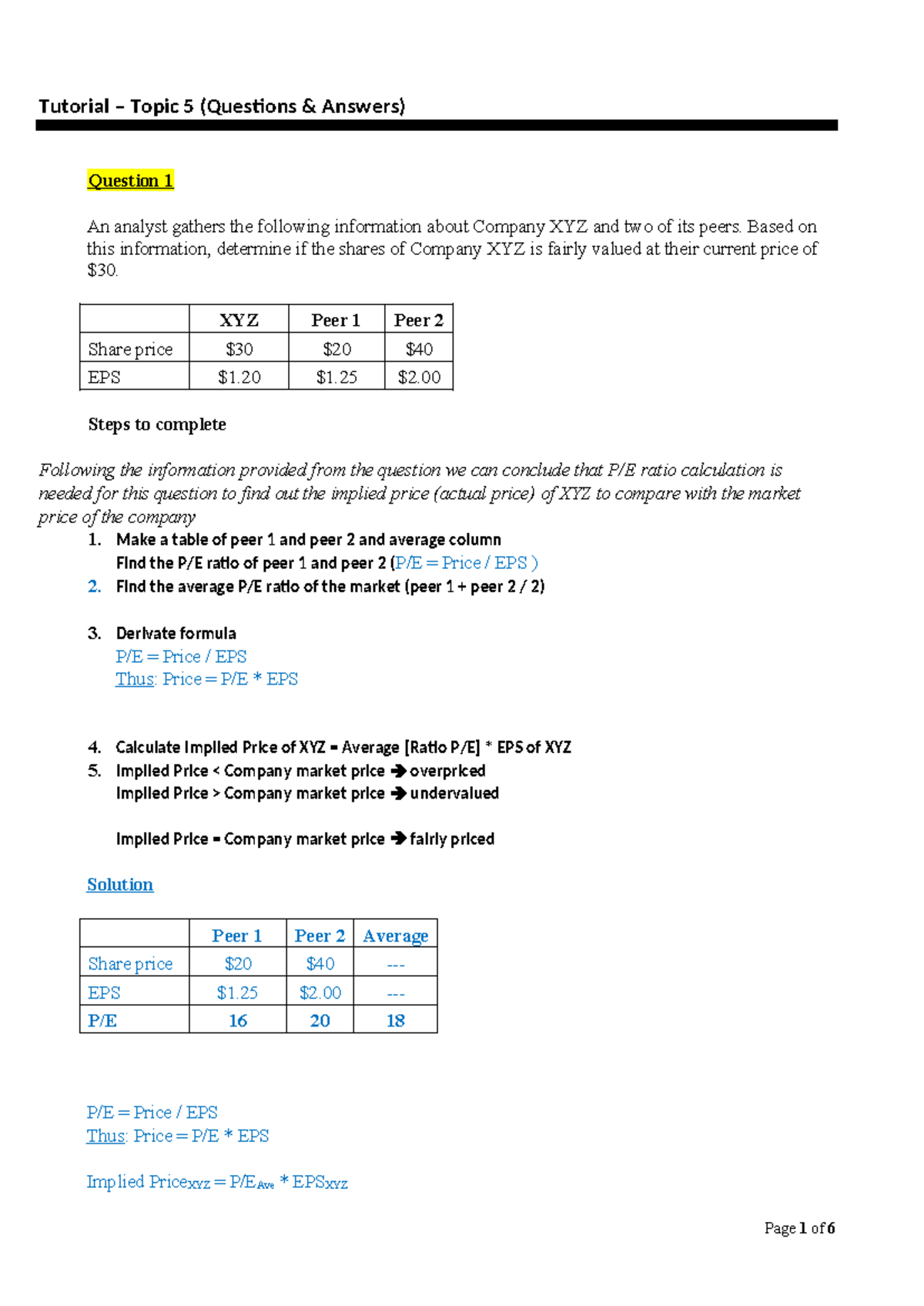 Tutorial (Q&A) Topic 5 – Valuing Equity (Relative) - Tutorial – Topic 5 ...