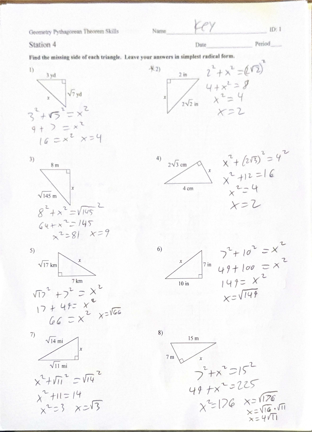 Geometry Pythagorean Theorem Skills - Station 4 Key Notes - Studocu