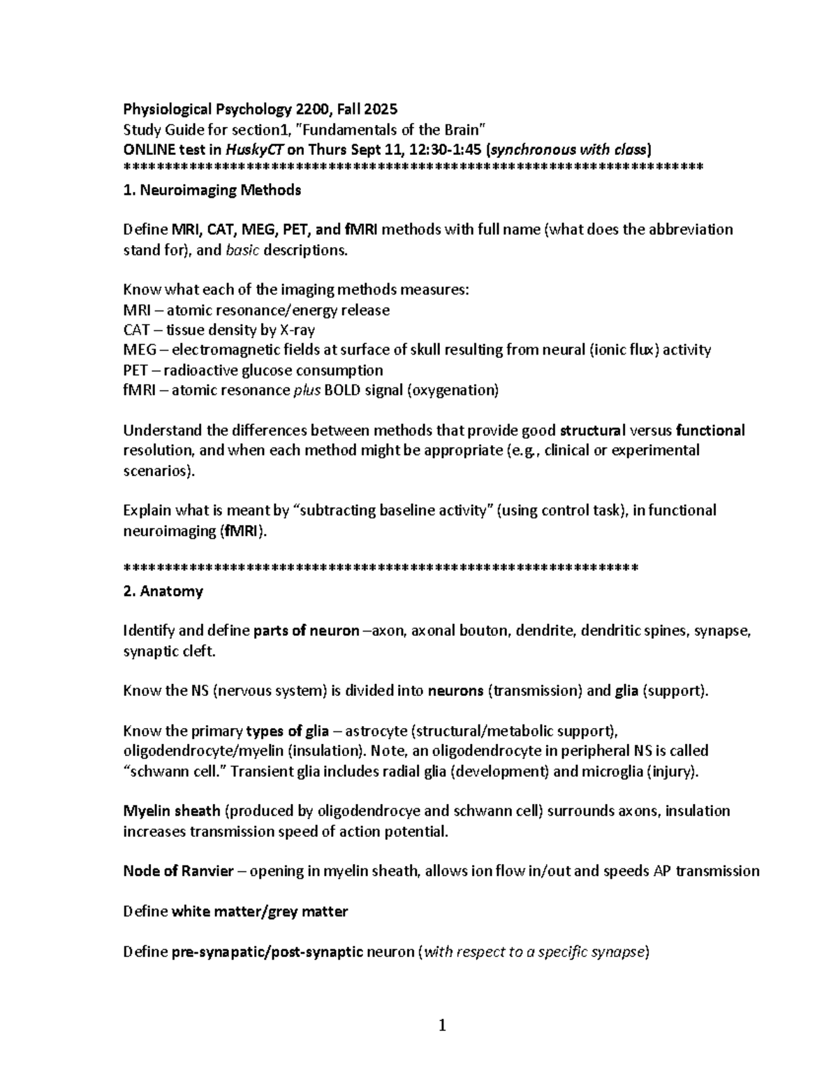 Physiological Psychology 2200: Fall 2025 Online Test Study Guide - Studocu