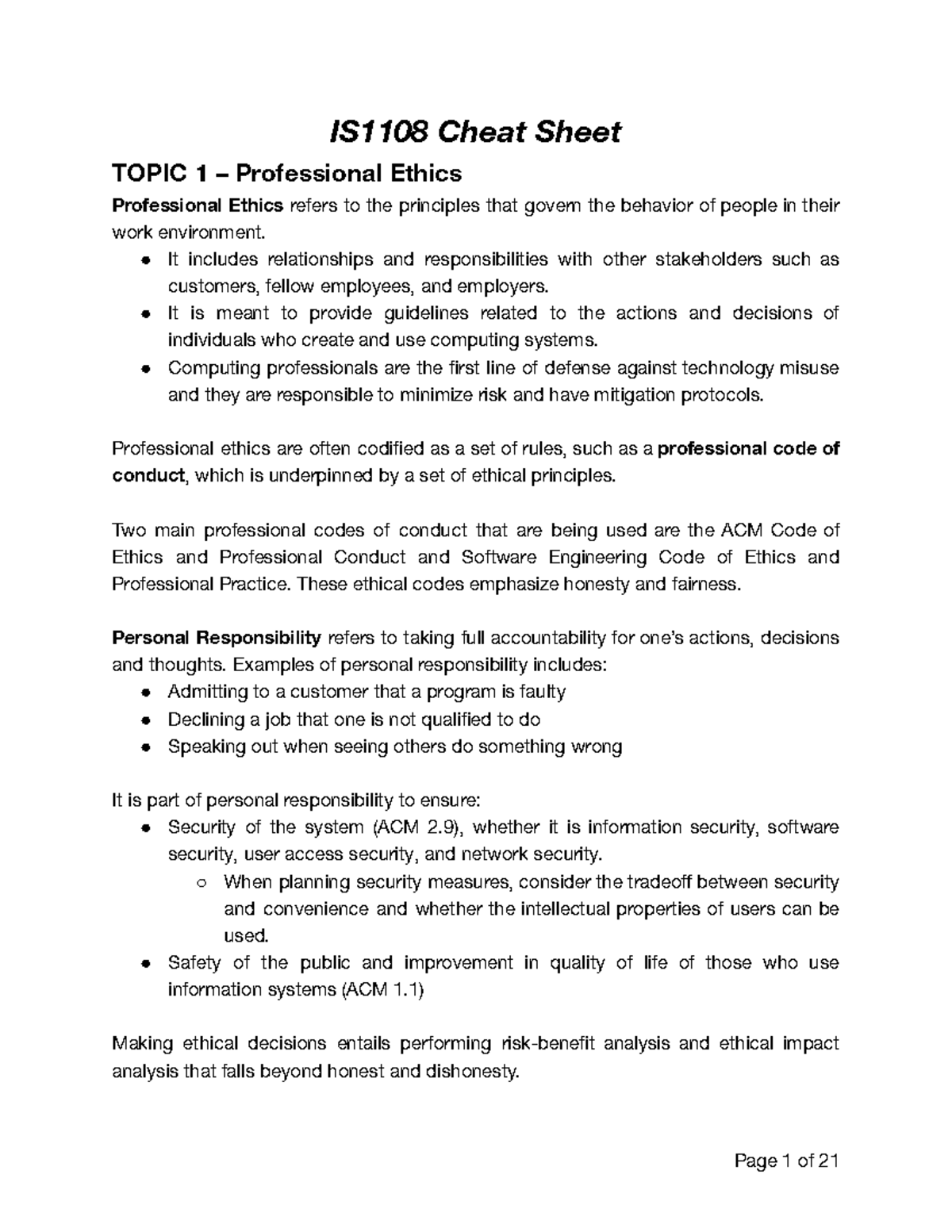 IS1108 Final Exam Cheat Sheet: Key Concepts in Professional Ethics and ...