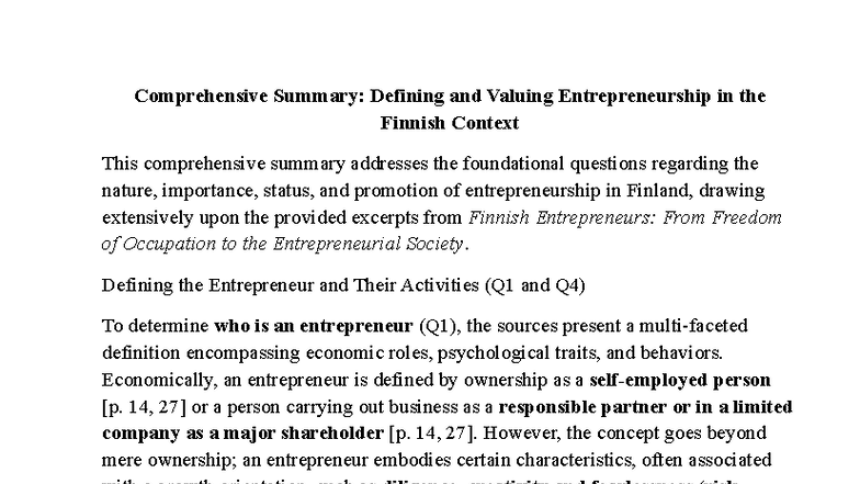 Comprehensive Summary: Valuing Entrepreneurship in Finland (ENTR 101 ...