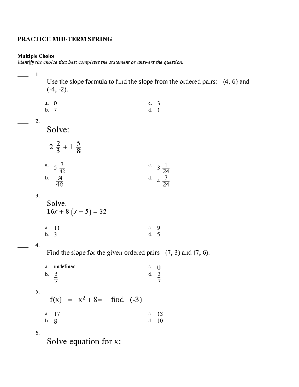 Algebra Midterm Practice Spring 2024 APOD C-2 - Studocu