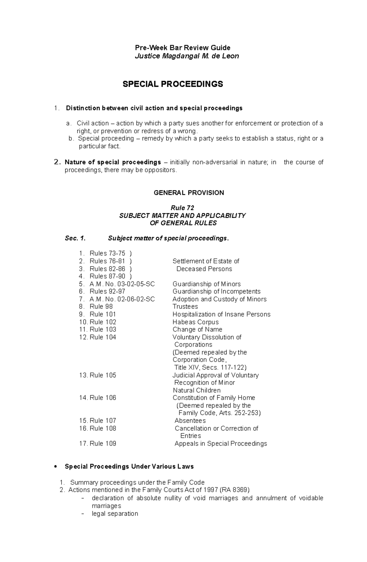 Special Proceedings Notes - Justice Magdangal M. De Leon - Studocu