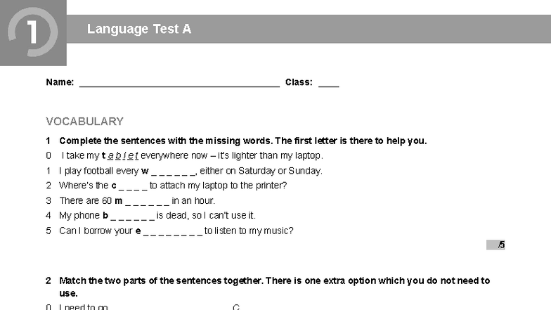 Language Test 1A: Vocabulary, Grammar, Speaking & Writing - Studocu