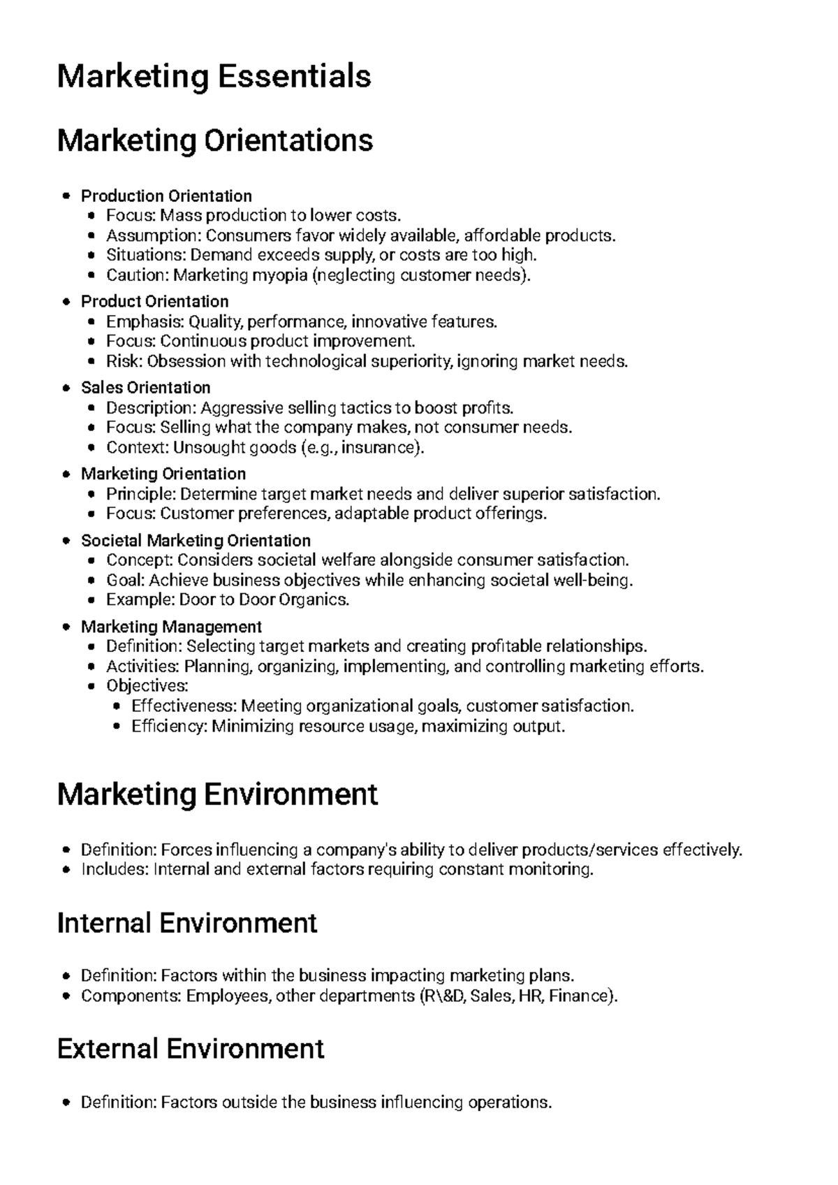 Overview of Marketing Orientations - Study Guide (MKT 101) - Studocu