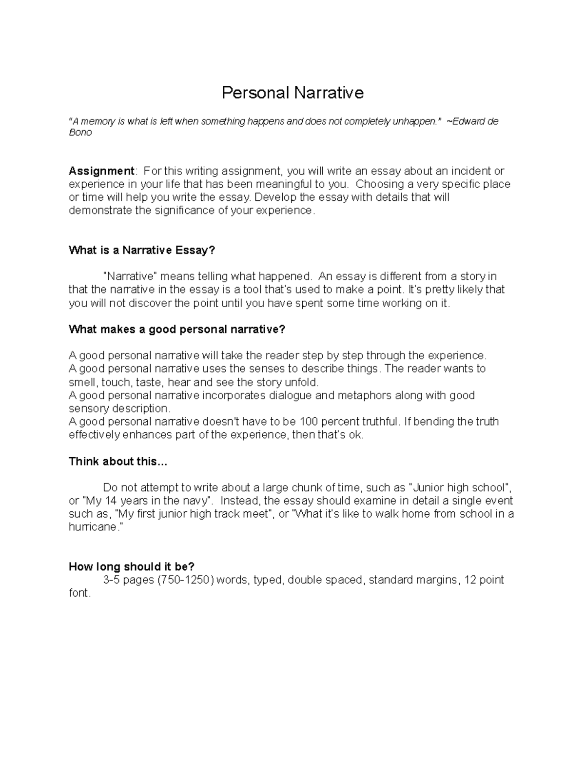 Assignment sheet - homework - Personal Narrative “A memory is what is ...