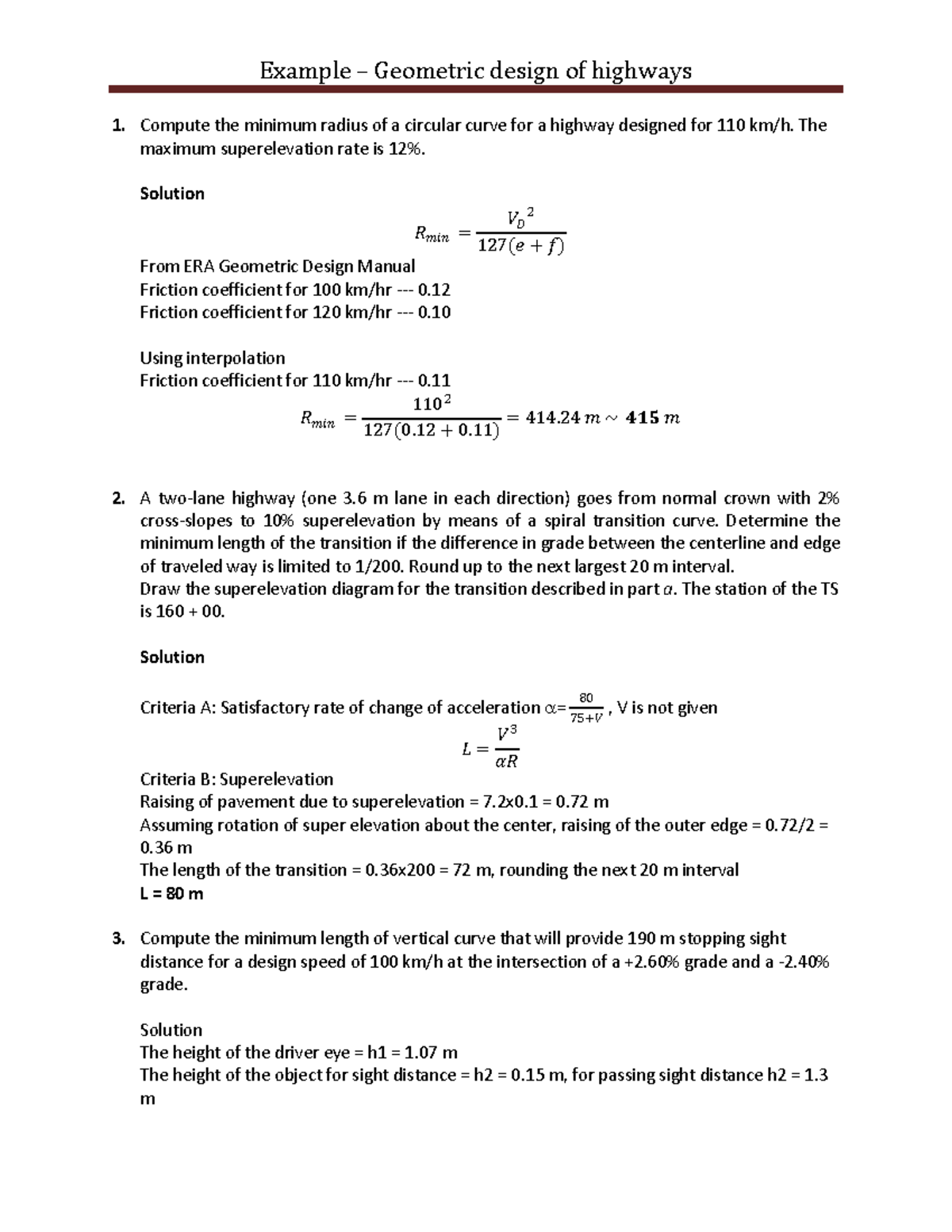 Example - Chapter 3 Geometric Design - Compute the minimum radius of a ...