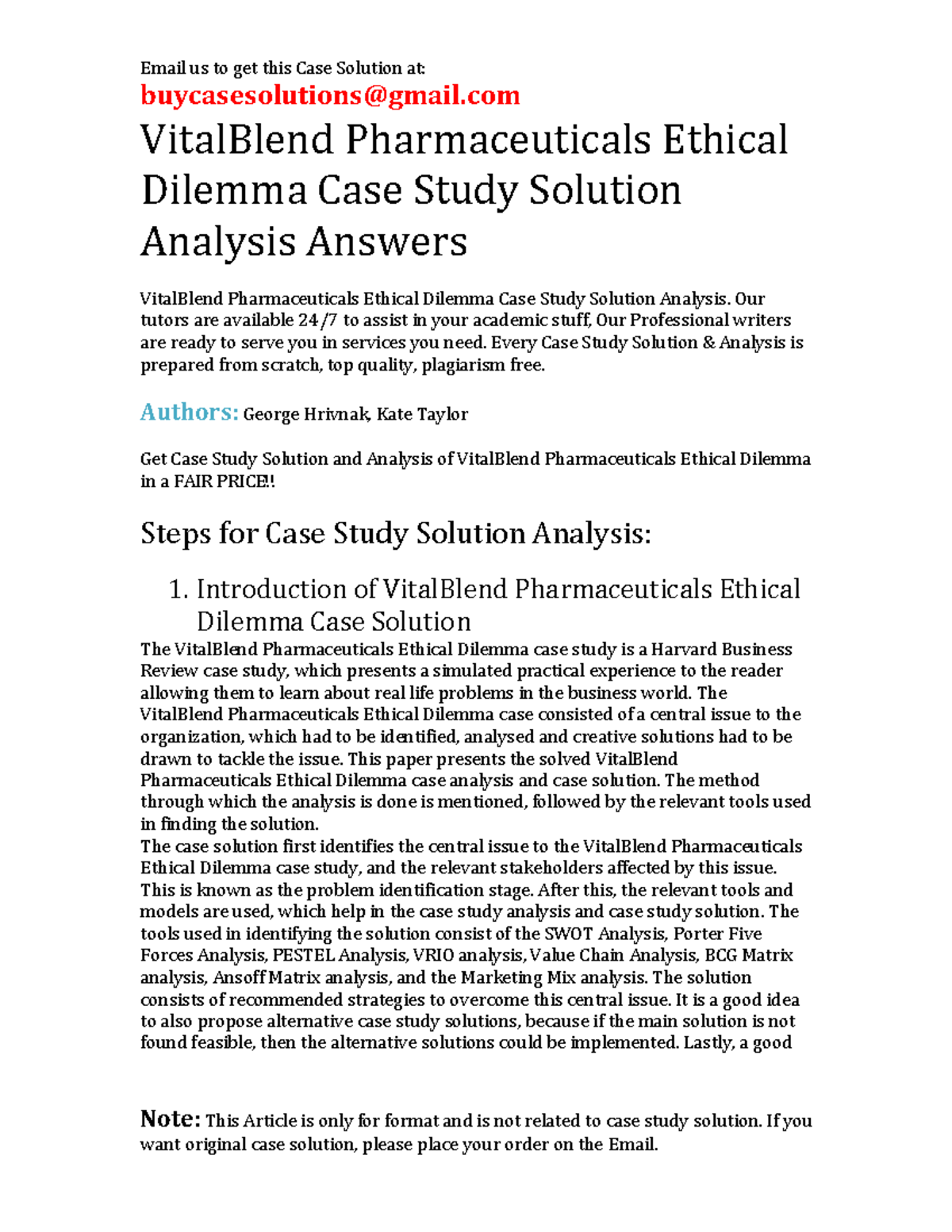 VitalBlend Pharmaceuticals Ethical Dilemma Case Study Analysis Solutions - Studocu