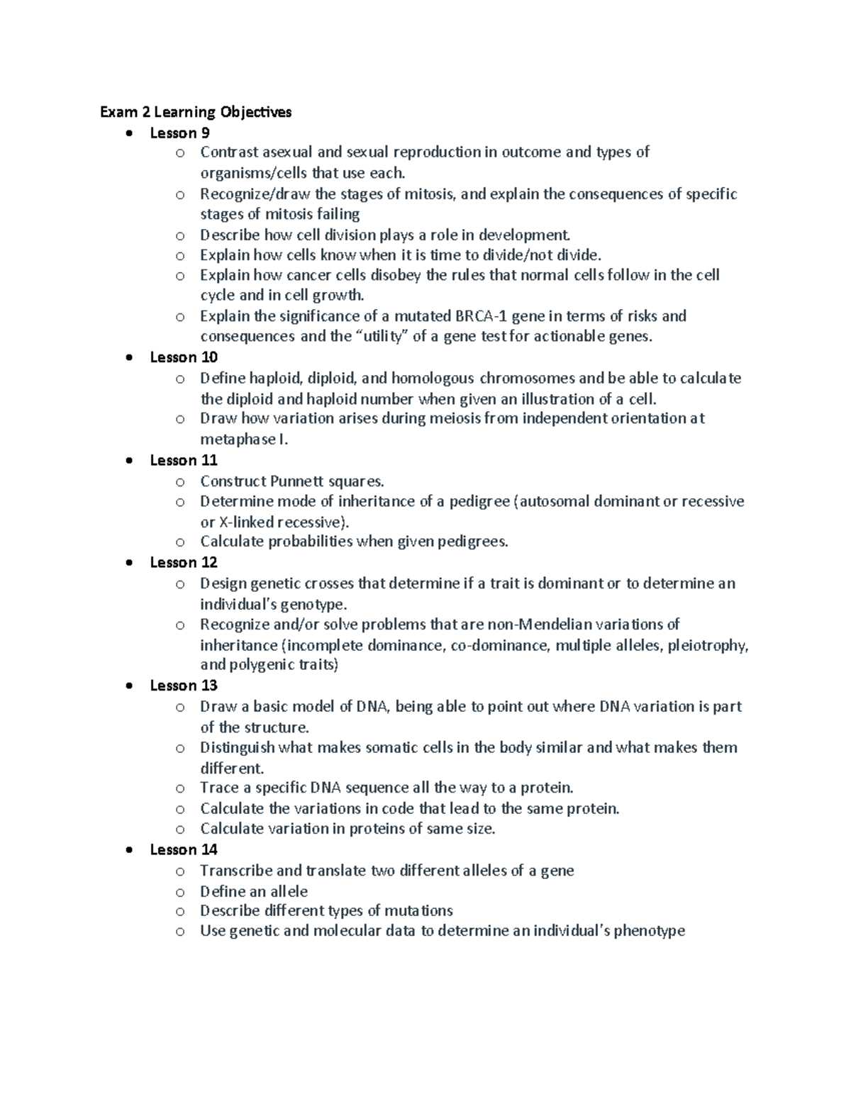 Exam 2 Learning Objectives: Cell Division, Genetics, and Reproduction ...