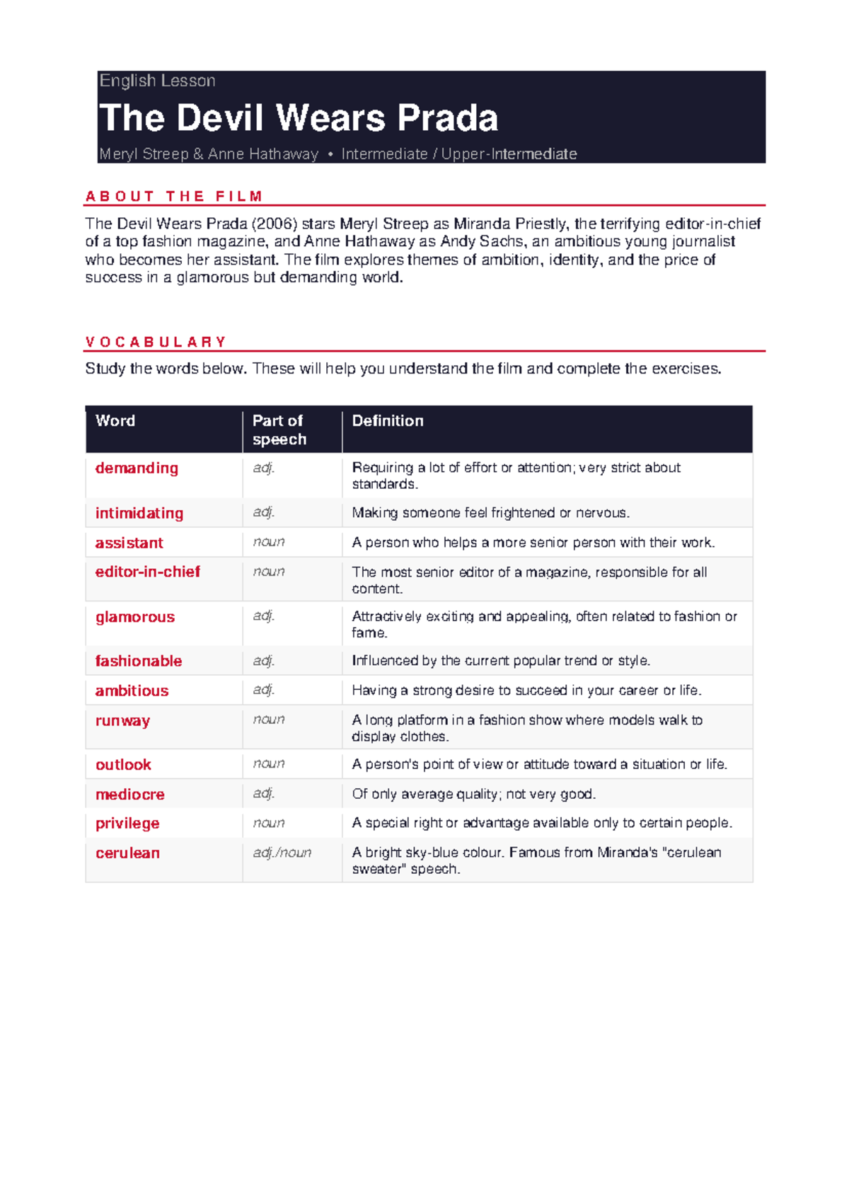ENG 101: The Devil Wears Prada - Intermediate English Lesson Notes ...