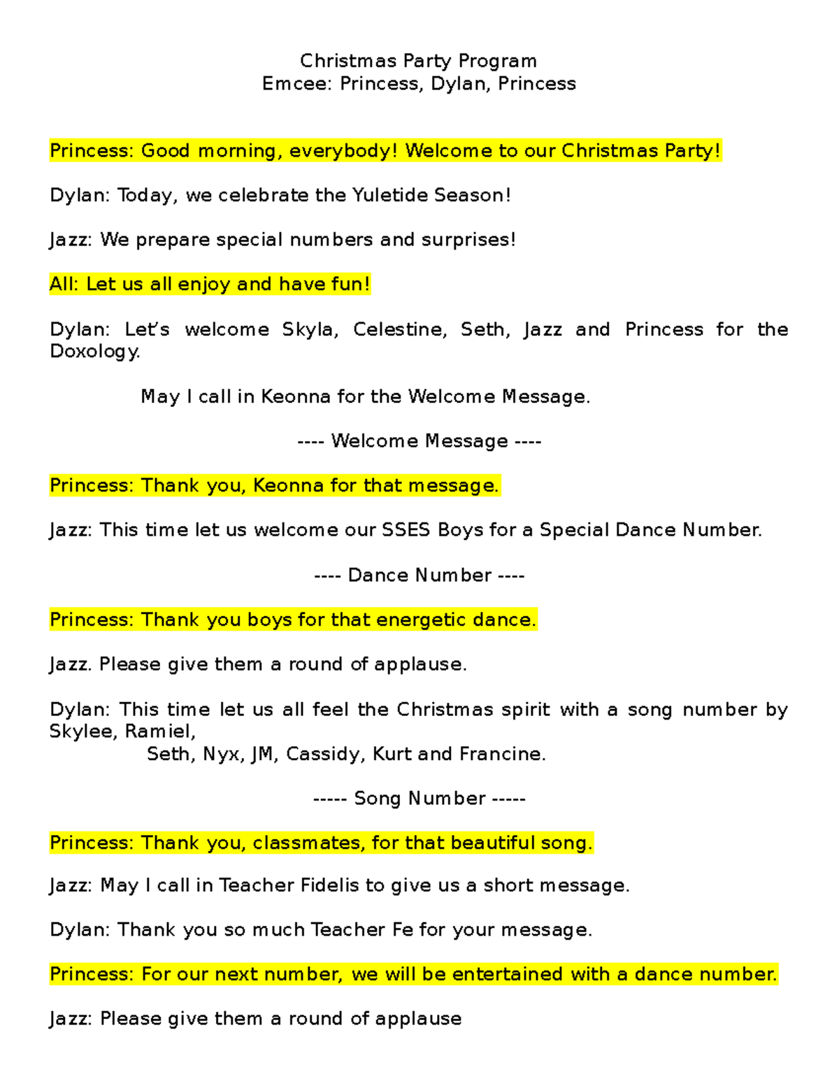 SSES Christmas Party Program: Emcee, Performances & Gift Giving - Studocu