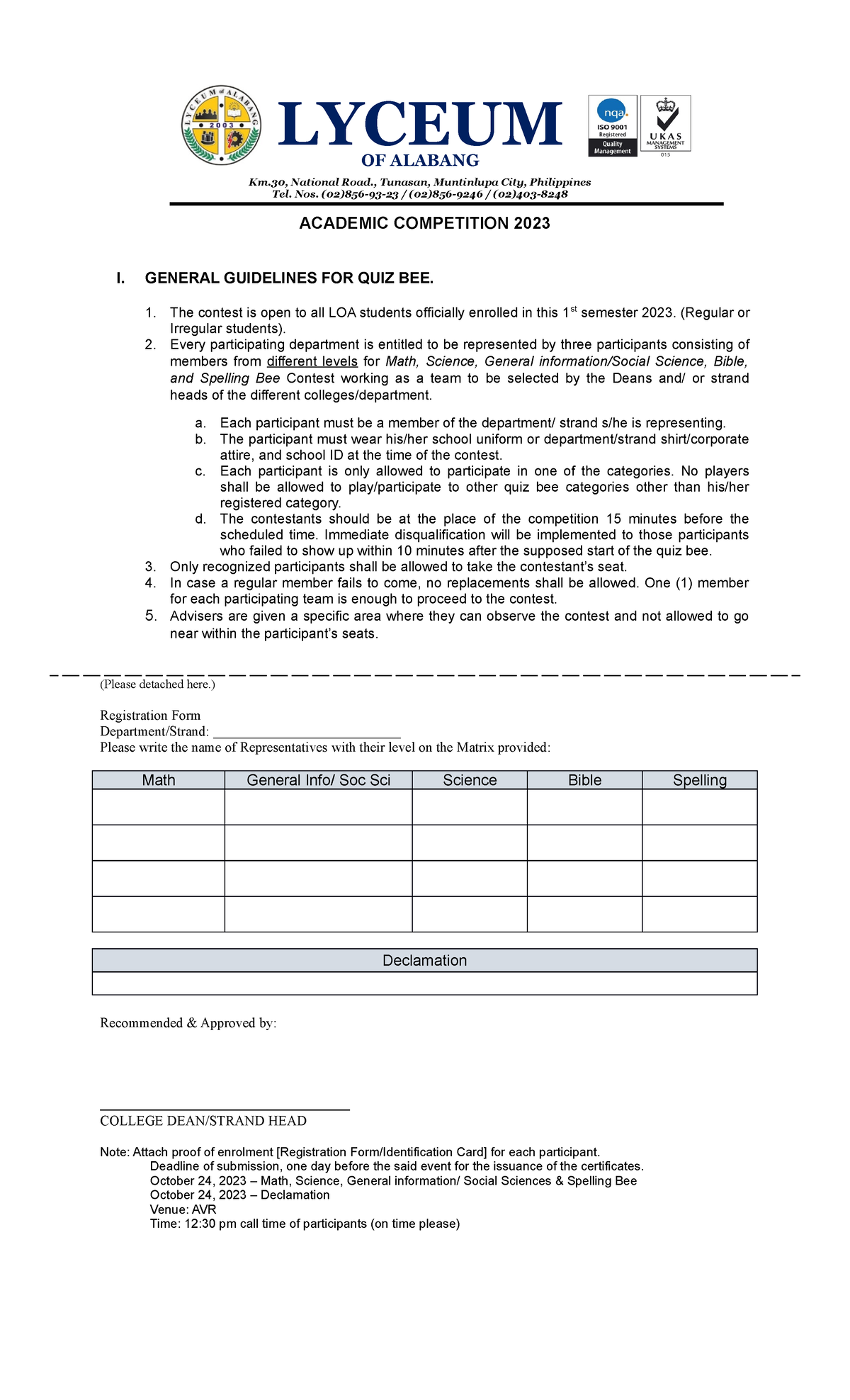 General Guidelines AND Registration FORM QUIZ BEE - ACADEMIC ...