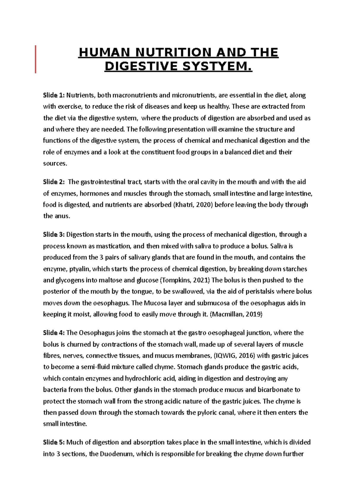 Unit 10 - Human Nutrition & Digestive System Presentation Notes - Studocu