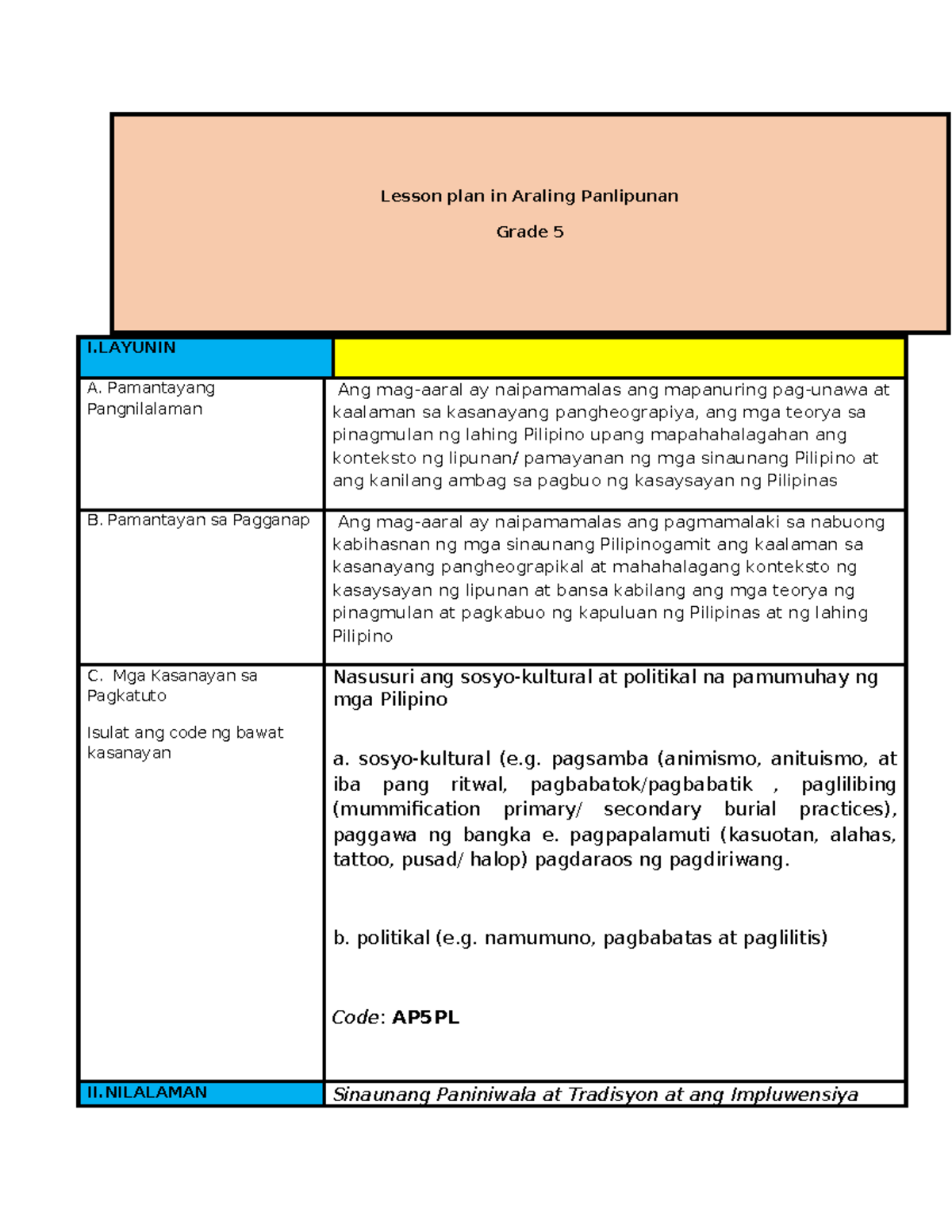 Lesson Plan for Grade 5 Araling Panlipunan: Traditions & Beliefs - Studocu