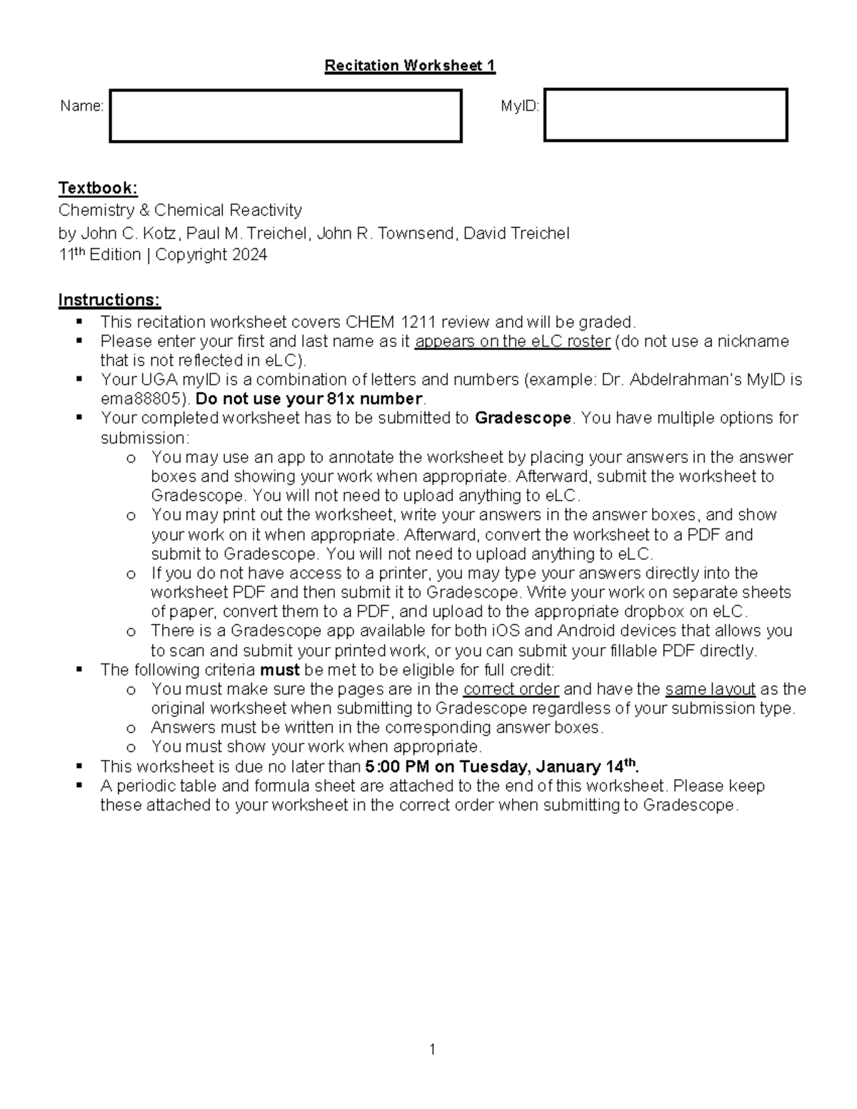 Recitation Worksheet 1 - Kotz, Paul M. Treichel, John R. Townsend ...