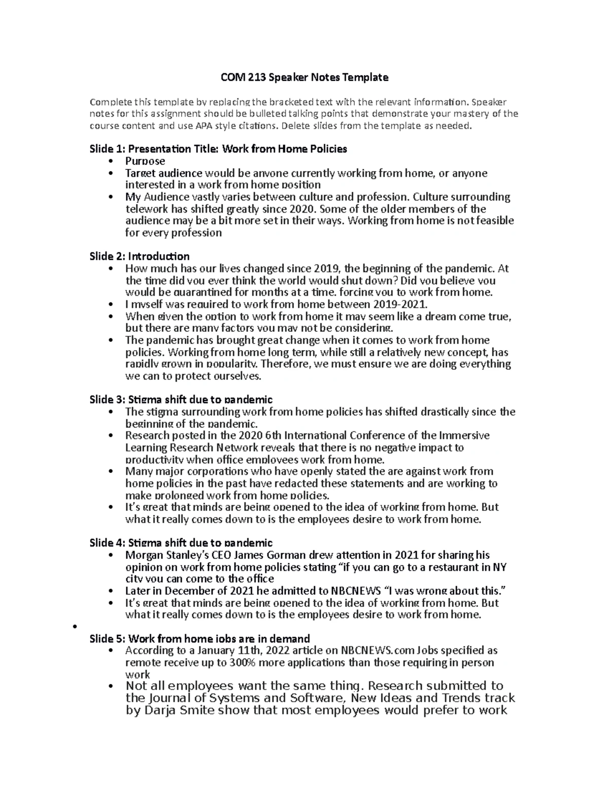 Speaker Notes Example - COM 213 Speaker Notes Template Complete this ...