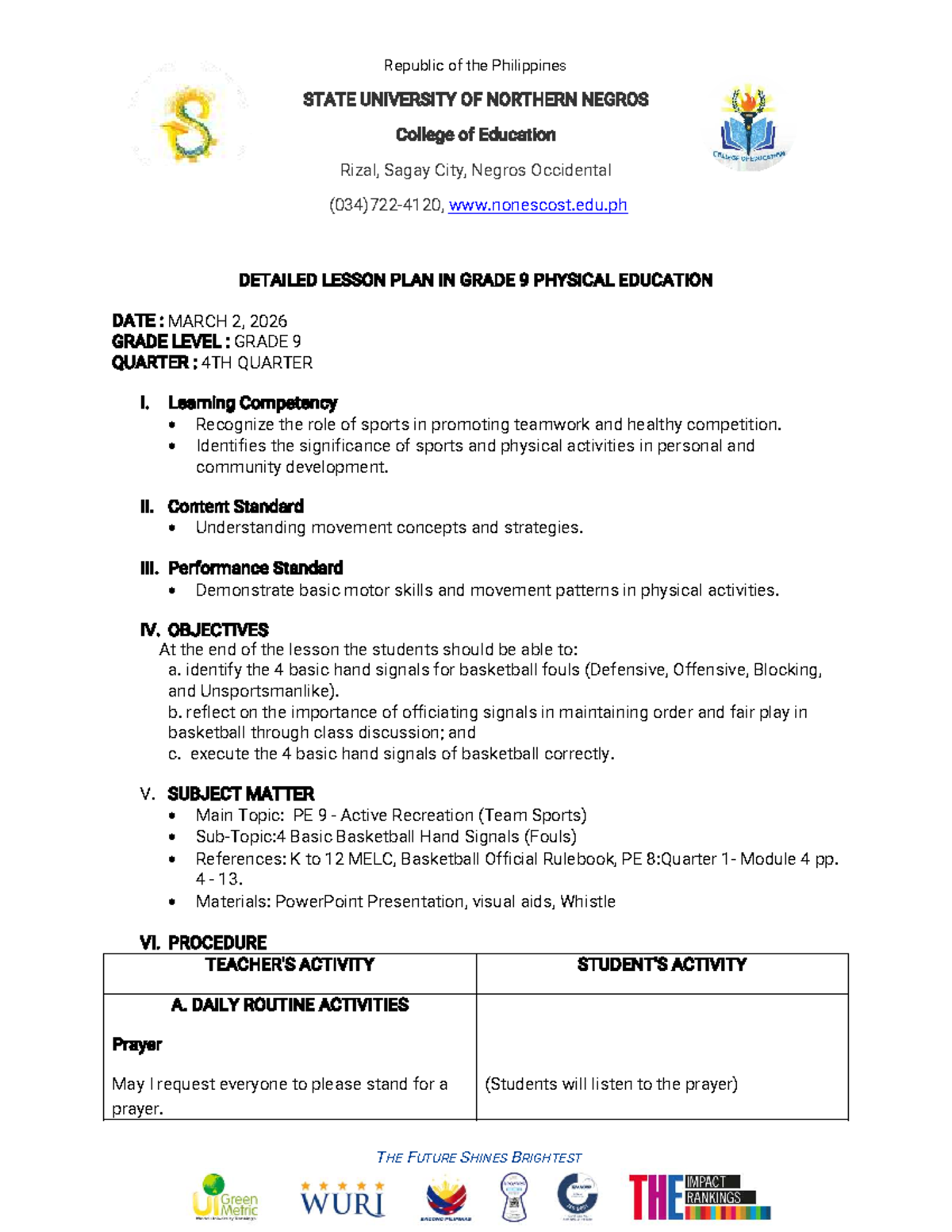 Detailed Lesson Plan in PE 9: Basic Basketball Hand Signals - Studocu