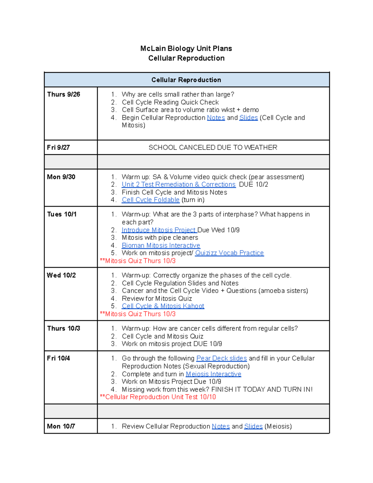 Biology Cell - Standared class assignments - McLain Biology Unit Plans ...