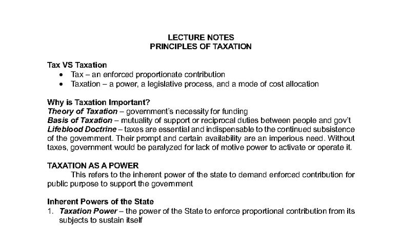 LECTURE NOTES: PRINCIPLES OF TAXATION (TAX 101) - Studocu