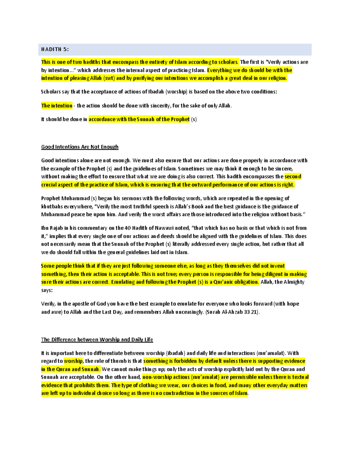 Hadith exam revision paper - HADITH 5: This is one of two hadiths that ...